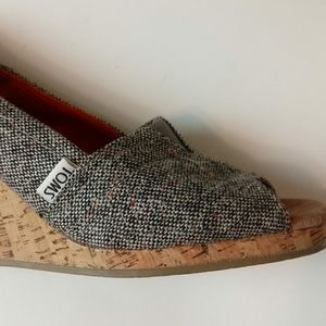 Toms | Shoes | Toms Tweed Sparkle Open Toe Cork Wedge Sandal Shoe ...